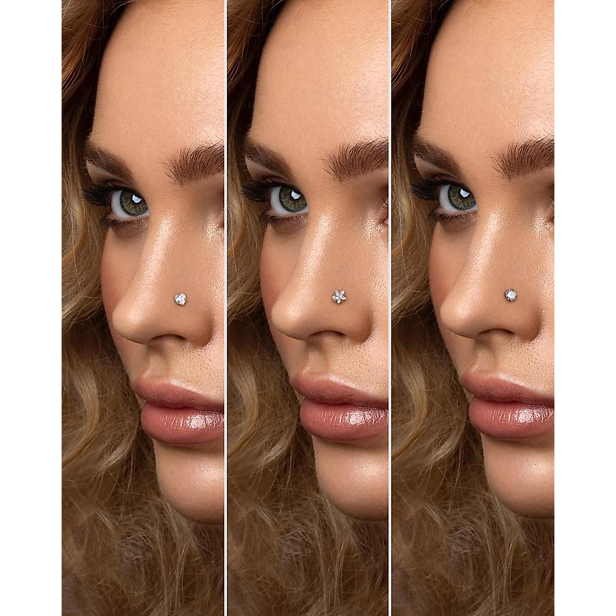 COCHARM 3pcs G23 Titanium 20g Nose Stud Pack Nose Piercing Stud Nose Rings for Women Surgical Steel Screw Nose Stud Star Heart Nose Stud Corkscrew Nose Jewelry Hypoallergenic
