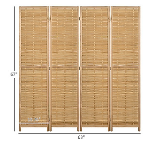 HOMCOM 4 Panel Room Divider, 5.5' Tall Bamboo Portable Folding Privacy Screens, Hand-Woven Double Side Partition Wall Dividers for Home Office, Natural