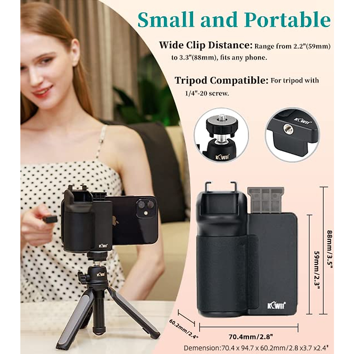 KIWIFOTOS Phone Tripod Mount, Phone Camera Grip Handle Holder with Detachable Bluetooth Shutter Remote Control and Cold Shoe Adapter for iPhone Samsung Smartphone Selfie Vlog Video Shooting-Black