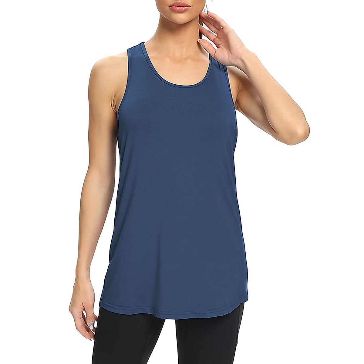 Bestisun Long Yoga Workout Tank Tops Tennis Sports Shirts Loose fit Gym Exercise Clothes for Women Navy Blue M