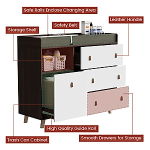 Timechee Baby Changing Table Dresser, Modern Nursery Changing Dresser Chest with 3 Drawers & 1 Shelf, Diaper Changing Pad, Storage Changing Dresser (Brown)