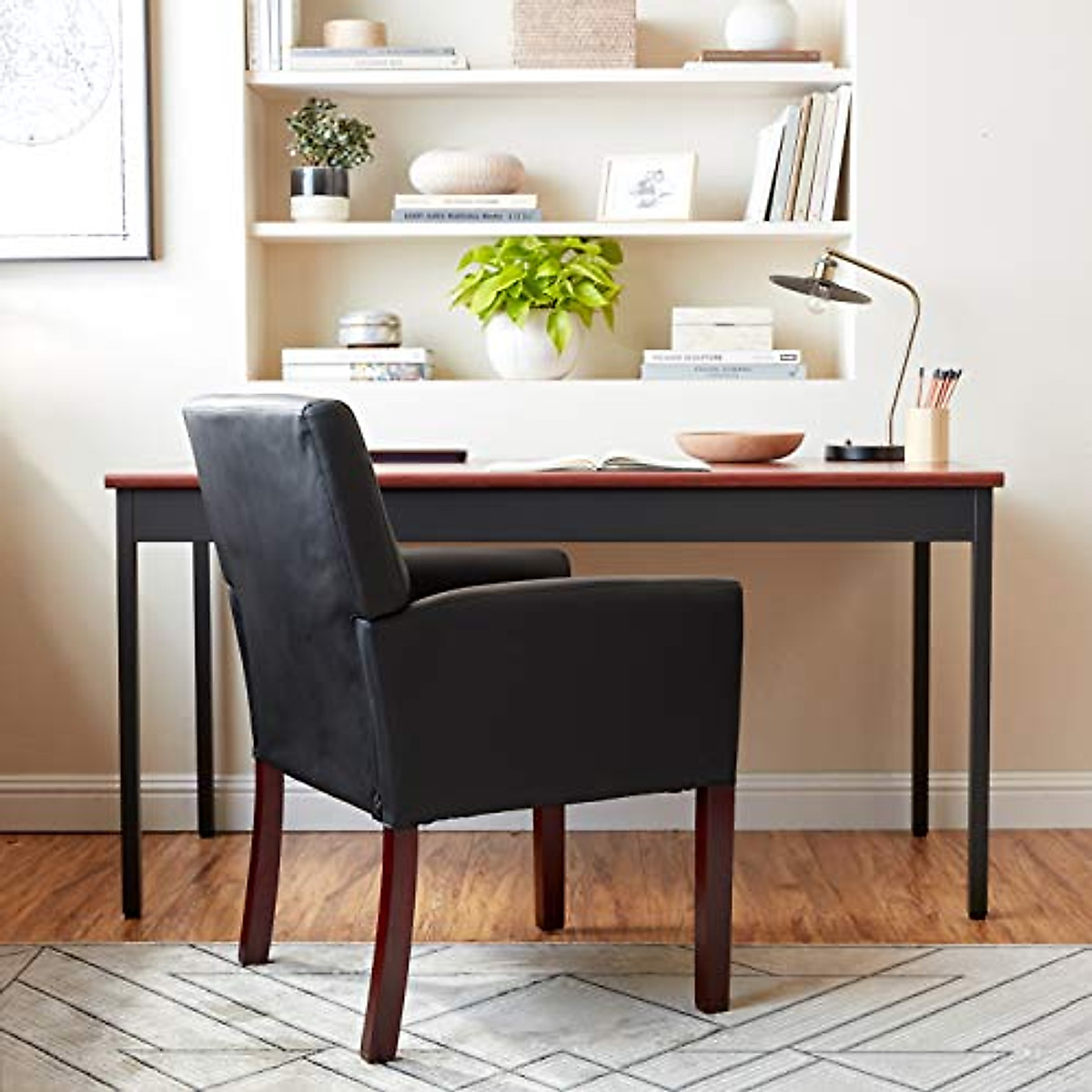 Boss Office Products Reception Box Arm Chair with Mahogany Finish in Black, 25"D x 24.5"W x 35"H