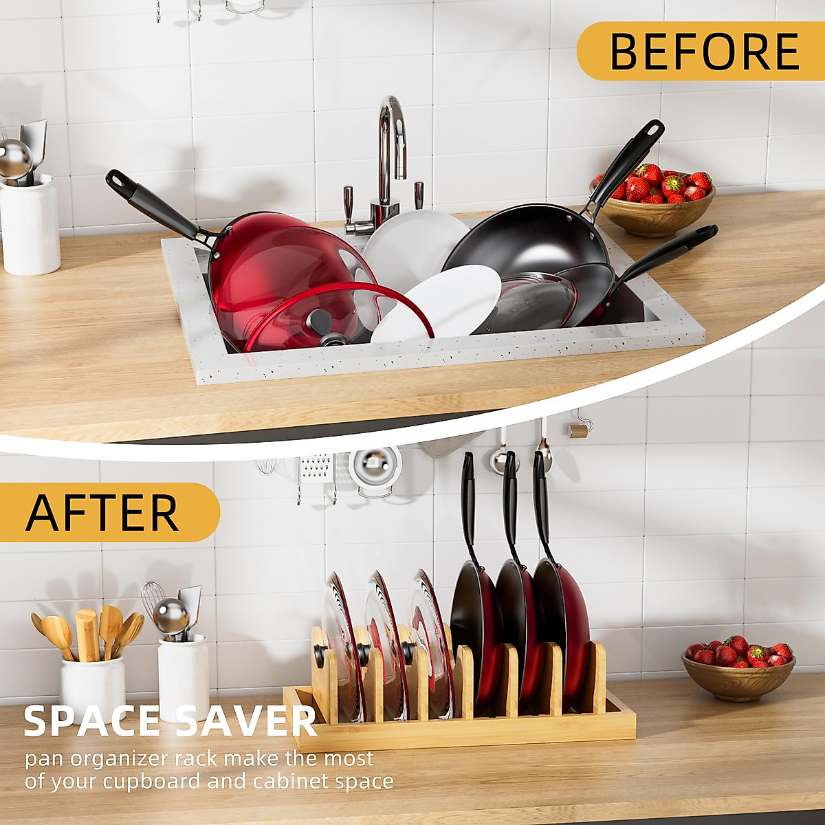 Bamboo Pot Lid Organizer Pot Lid Holder, Pot and Pan Organizer Drawer Organizer for Pot Lids, Pans, Cutting Boards & Baking Sheets, Dinner Plates, Reusable Containers in Cabinet Storage