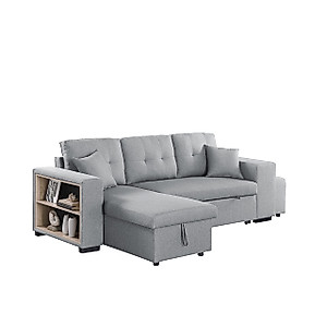 ERYE L-Shaped Reversible Sleeper Sectional Sofa W/Pull Out Couch Bed, Storage Chaise & Niche Shelves for Living Room, Modern Linen Upholstered Sofa&Couch Convertible Sleep Sofabed with 2 Stools