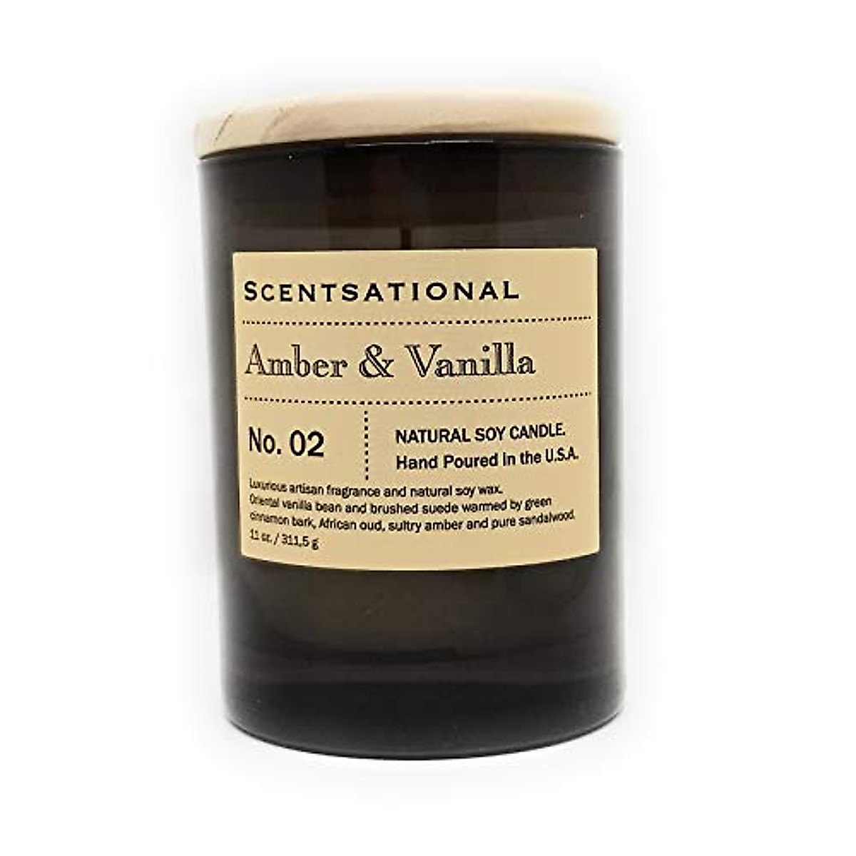 Farmhouse Style Natural Soy Hand Poured in USA Richly Scented Candle - 1 Wick - 11 oz with Wood Lid (Amber & Vanilla - Smokey Glass)