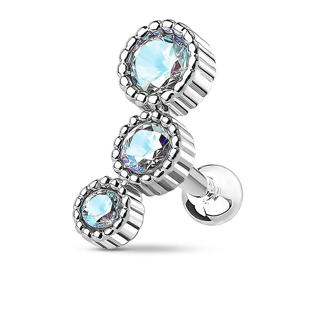 Forbidden Body Jewelry 16g Surgical Steel Cartilage Stud Earring with Curved Triple Round CZ Crystals (Aurora Borealis)