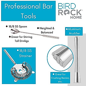 BIRDROCK HOME 10 Piece Bartender Kit with Wood Stand | Acacia | Professional Grade Stainless Steel Cocktail Set | Home Bar Tools | Gifts for Him | Shaker Bottle Opener