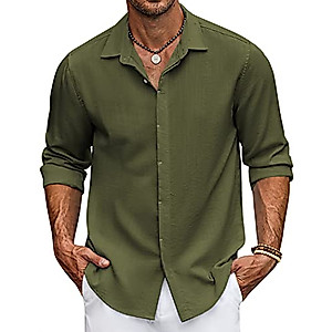COOFANDY Men's Linen Shirt Long Sleeve Casual Button Up Shirt Beach Shirt for Men Summer Wedding Shirt Army Green