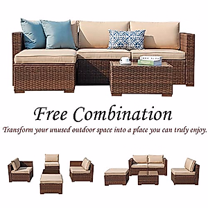 Patiorama 5 Piece Outdoor Patio Furniture Set, Outdoor Sectional Conversation Set, All-Weather Brown PE Wicker w/Beige Cushions, Outdoor Backyard Porch Garden Poolside Balcony Furniture Set