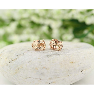 Solid 14k Rose Gold Natural Morganite Stud Earrings (8x6mm Oval) (rose-gold)