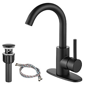 Heyalan RV Bathroom Sink Faucet,Bar Faucets Single Hole,RV Kitchen Restroom Campers Tap with Deck Plate & Drain Stainless Steel 360 Degree Rotation Spout,Matte Black,Circular Handle