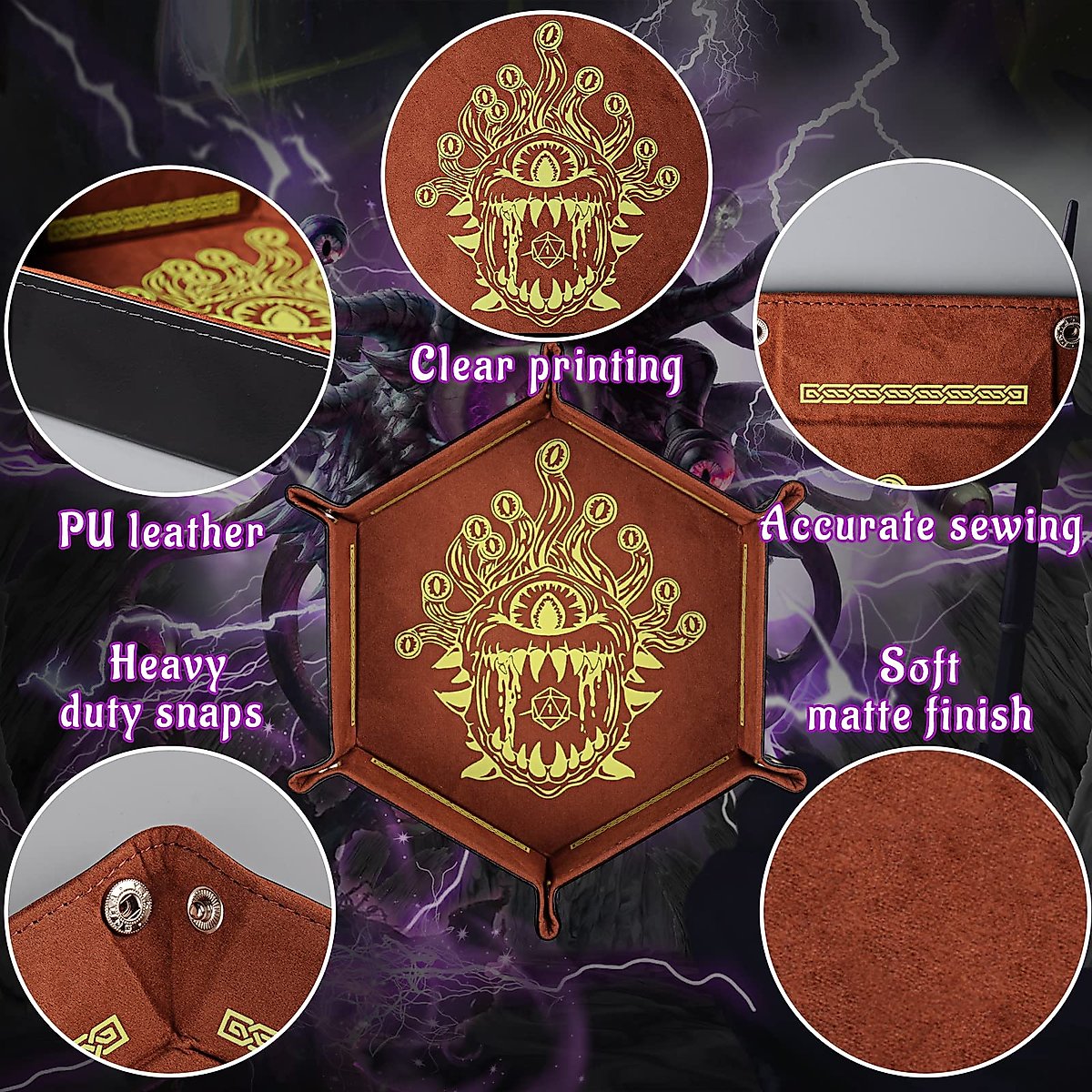 D&D Dice Tray PU Leather Hexagon Dice Holder Printed with Beholder Portable and Foldable Dice Rolling Mat for Board Game and Tabletop RPG (Style B)
