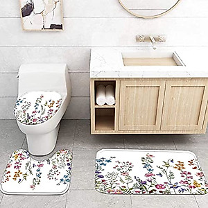 DDQQ 4Pcs Flower Shower Curtain Set with Non-Slip Rugs, Toilet Lid Cover and Bath Mat, Colorful Floral Shower Curtain with 12 Hooks, Waterproof Watercolor Boho Bath Curtain for Bathroom Decor