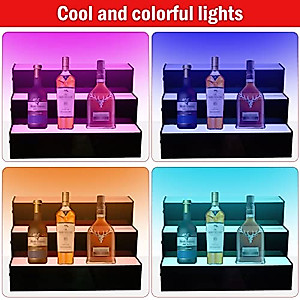 Ganggend 16 Inch 3-Step LED Lighted Liquor Bottle Display Shelf, LED Bar Shelves for Home/Commercial Bar Living Room Accessories and Decor Acrylic, Lighted Bottle Display with Remote & App Control