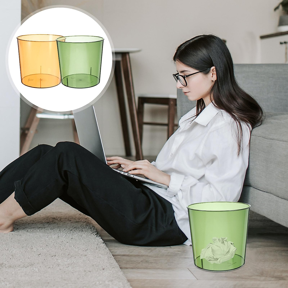 MAGICLULU 2pcs Plastic Waste Basket Clear Round Trash Can Small Wastebasket Garbage Container Bin Trash Bin for Home Bathroom Bedroom Kitchen College Dorm Office Craft Room Orange and Green