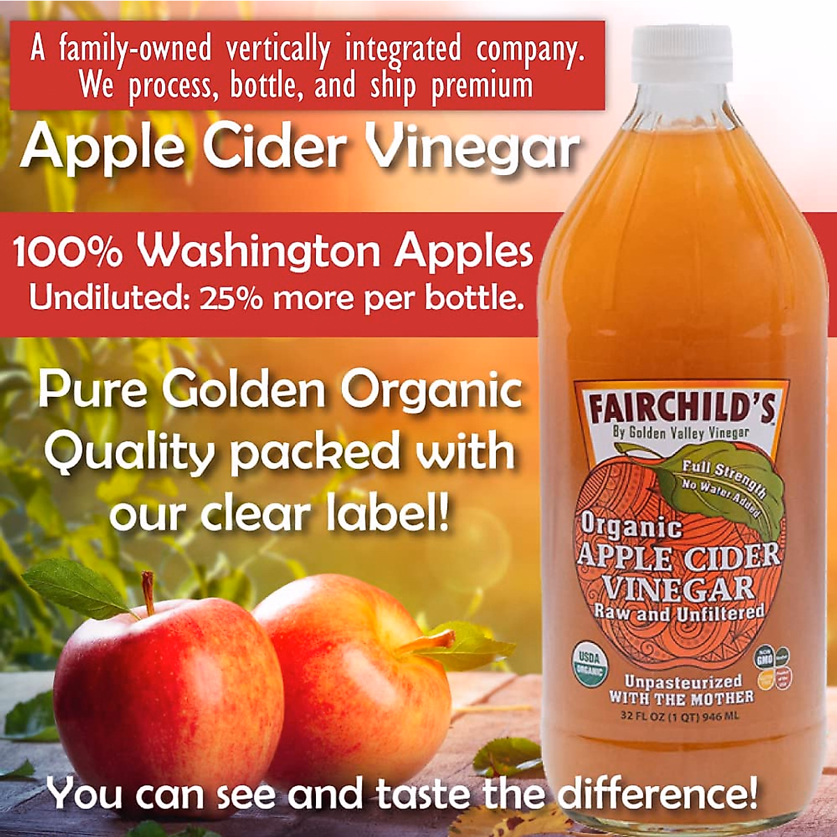 Fairchild's Organic Raw & Unfiltered Apple Cider Vinegar, 32 FZ - Two Pack