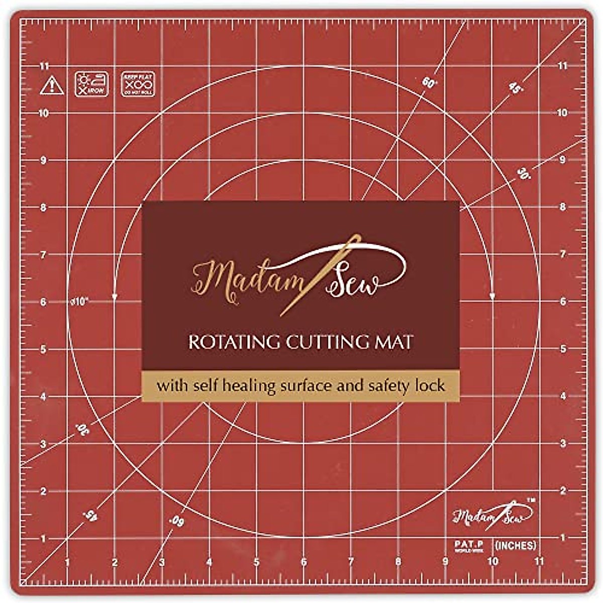 Madam Sew Self Healing Cutting Mat, 12x12 Rotating Cutting Mat for Quilting, Sewing and Crafts Features 360 Degree Rotation, Lockable Non-Slip Base and Accurate Grid and Bias Lines for Precise Cuts