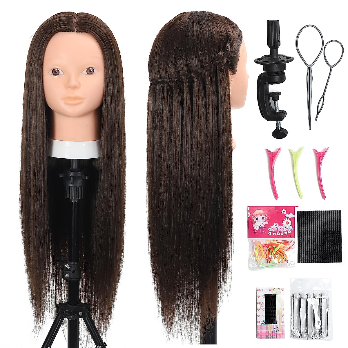 Opini 26 Inch Mannequin Head 80% Real Human Hair Styling Hair Mannequin Head Human Hair to Practice Hair and Makeup Hairdresser Head With Free Clamp (#4 No Makeup)