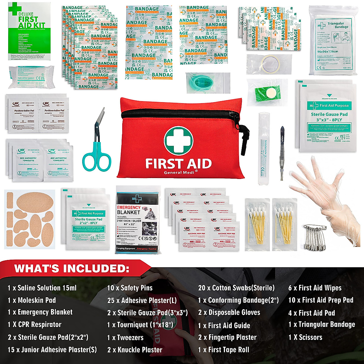 General Medi Mini First Aid Kit, 110 Piece Small First Aid Kit - Includes Emergency Foil Blanket, Scissors for Travel, Home, Office, Vehicle, Camping, Workplace & Outdoor (Red)