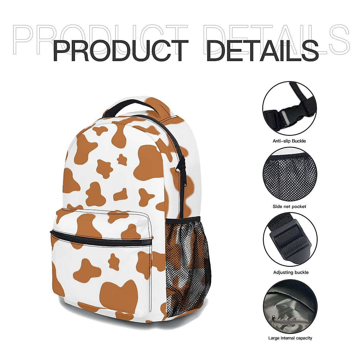 Brown Cow Print Backpack Cow Spots Pattern Backpacks for Kids Lightweight High Capacity Student Bookbag Waterproof School Book Bag for Teen Girls Boys