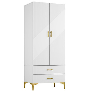 vinform Wardrobe Armoire with 2 Doors, 2 Drawers and Hanging Rods, Twill Wood Closet Storage with Metal Cabinet Legs, White 20.4" D x 31.5" W x 76.77" H (Left Modern)