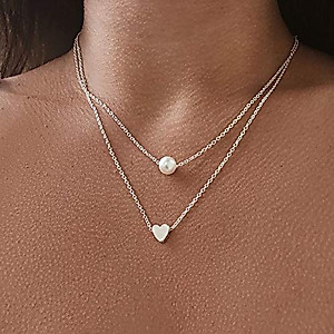Artmiss Initial Heart Layered Pearl Pendant Necklace Silver Women Double Chain for Women
