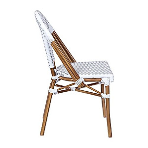 Flash Furniture Lourdes Set of 2 Indoor/Outdoor Commercial Bistro Stack Chairs - White/Gray PE Rattan Back and Seat - Natural Bamboo Print Aluminum Frame