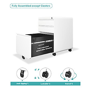 Dripex 3 Drawer File Cabinet, Metal Filing Cabinets with Lock Wheels for A4/Legal/Letter File, Anti-tilt Under Desk Design, Lockable Rolling Mobile File Cabinet for Home Office (White)