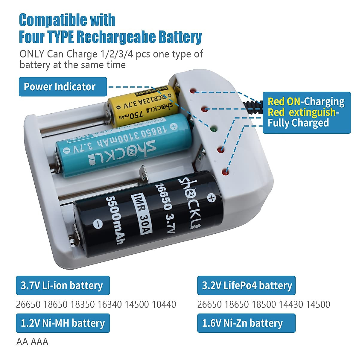 Shockli AA 3.2V Rechargeable Solar Battery with LiFePO4 Charger, AA 3.2 Volt LiFePO4 Solar Battery (4-Pack) for Solar Panel Outdoor Garden Lights