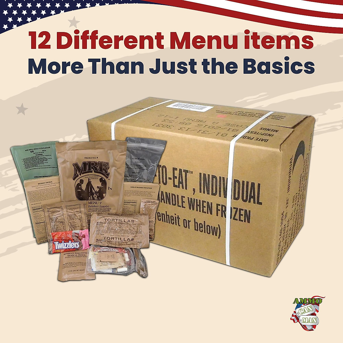 U.S. Meal Ready to Eat (Variety Pack of 12) – Nutritional Emergency Food Rations - Freeze Dried Food w/Flameless Heaters, Entree, Side Dishes, & More - MRE Kit for Emergency Survival, Hunting, & More