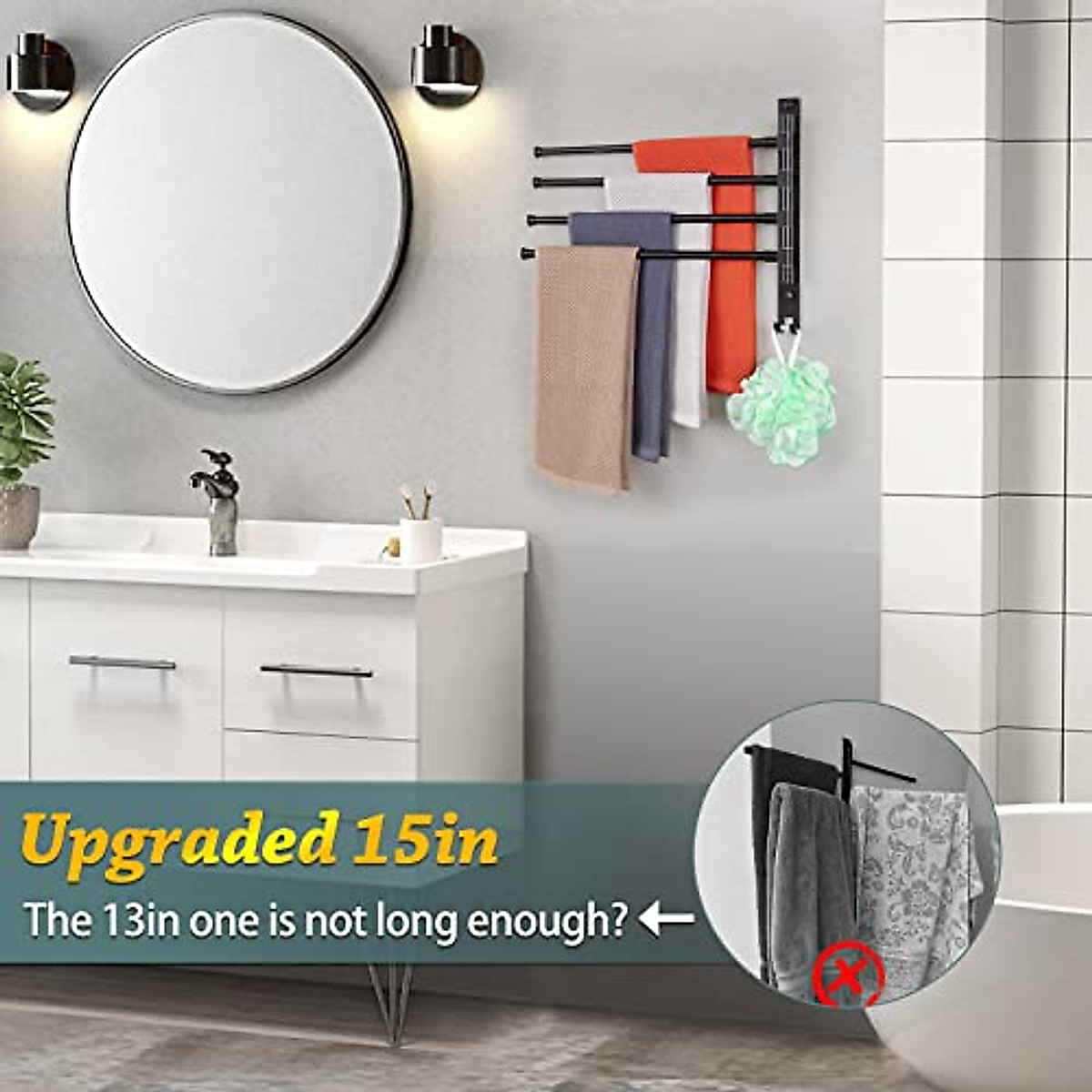 TONIAL Towel Bar 15.5 Inch, Upgraded Swivel Towel Rack Aviation Aluminium Four in ONE Towel Racks for Bathroom Space Saving Swing Out 180° Rotation Towel Hanger Holder Wall Mount, Matte Black