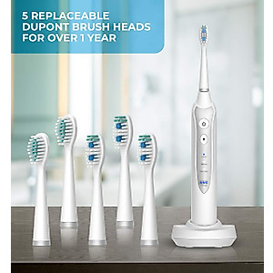 Sonic Electric Toothbrush for Adults with 5 Toothbrush Replacement Heads, 3 Brushing Modes & 2 Minutes Built-in Timer, Travel Toothbrushes with Inductive Charging, Rechargeable toothbrush | White