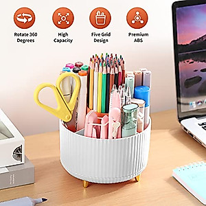 Desk Pencil Pen Holder, 5 Slots 360°Degree Rotating Pencil Pen Organizers for Desk, Desktop Storage Stationery Supplies Organizer, Cute Pencil Cup Pot for Office, School, Home, Art Supply, White