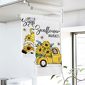 Seliem Summer Hello Sunshine Gnome Kitchen Dish Towel Set of 2, Sunflower Market Floral Flower Truck Hand Towel Bee Drying Baking Cooking Cloth, Spring Seasonal Farmhouse Home Kitchen Decor 18x26 Inch