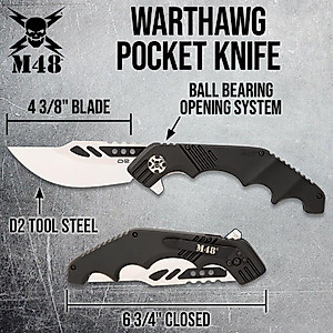 M48 Warthawg Pocket Knife | D2 Tool Steel Blade | Ball Bearing Opening | Pocket Clip | Injection-Molded Nylon Handle | Closed Length 6.75”