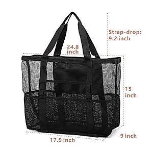 F-color Mesh Beach Bag Family - Beach Tote 9 Pockets Beach Towel Bag, Black