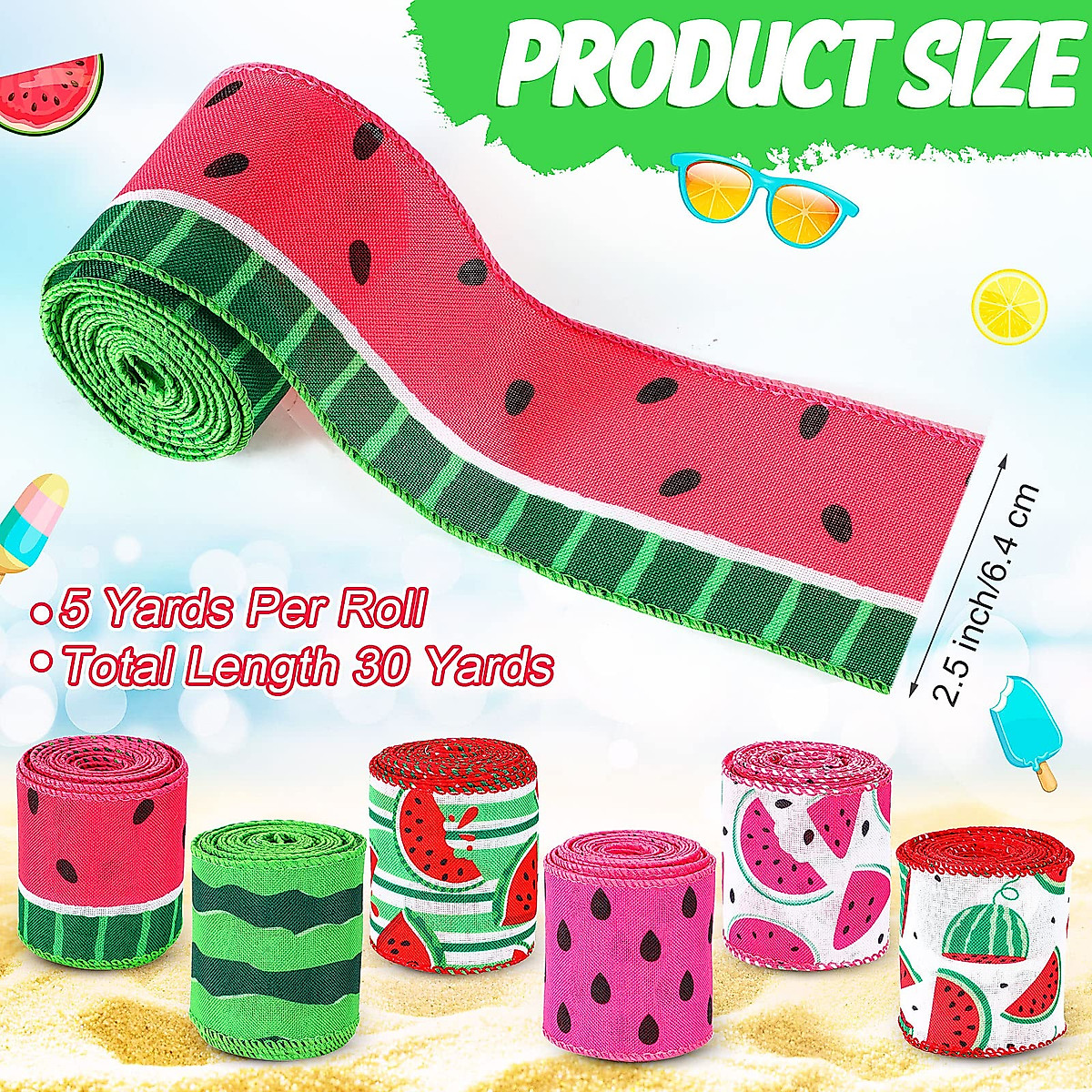 6 Roll 30 Yard Summer Wired Ribbon 2.5 Inch Watermelon Print Wired Edge Ribbons DIY Stripe Watermelon Ribbon Burlap Fruit Ribbon Roll Gift Wrapping Ribbon for Wreath Craft Baby Shower Party Decoration
