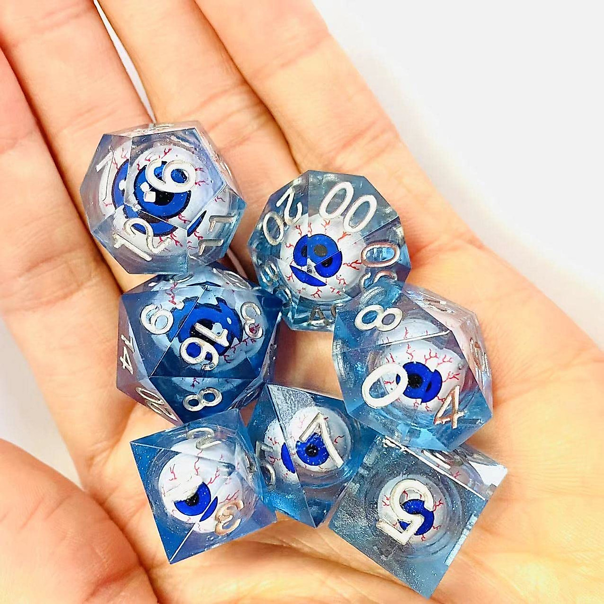 DND Eyeball Dice-Set Sharp Edges - IDTQ Dungeons and Dragons Polyhedral Blue Bloodshot Translucent Dice Set RPG MTG Table Games D4 D6 D8 D10 D12 D20 (Blue Eye)
