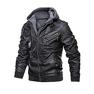 HOOD CREW Men’s Casual Stand Collar PU Faux Leather Zip-Up Motorcycle Bomber Jacket With a Removable Hood