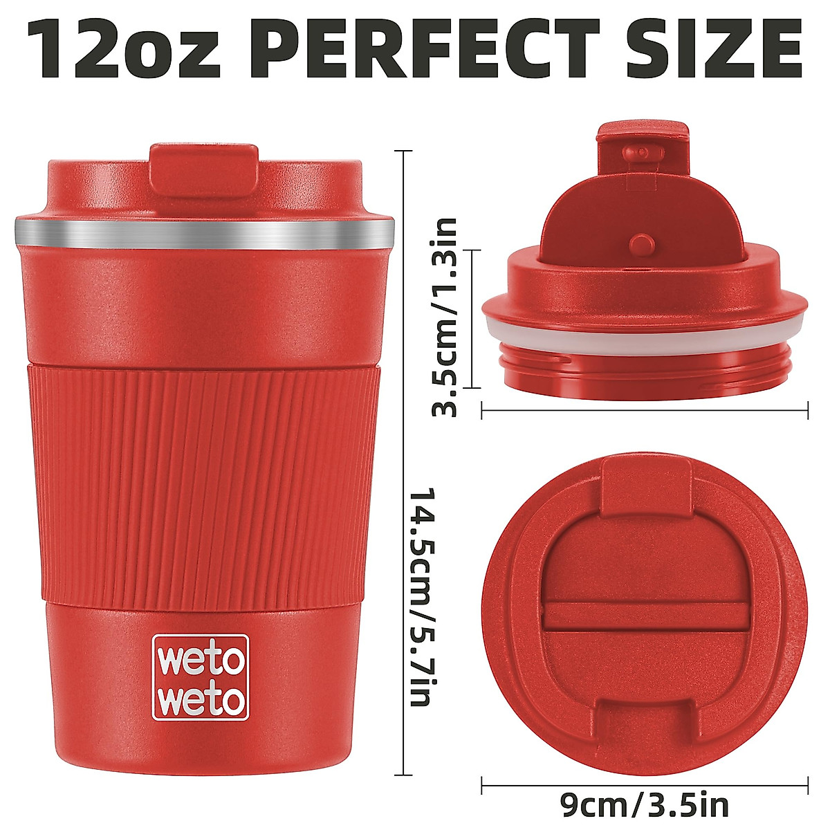 WETOWETO 12oz Reusable Coffee Cup, Coffee Travel Mug with Lid, Spill Proof Thermal Mug, Double-Walled Insulated Cup, Stainless Steel Portable Cup for Hot and Cold Drinks(Red)