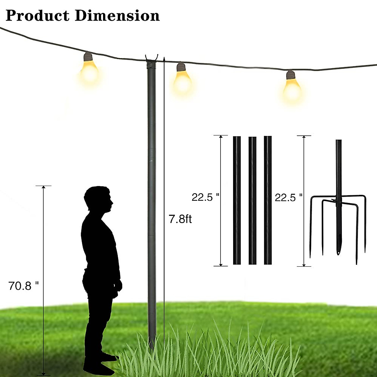 String Light Poles for Outdoors 2 Pack 7.8 FT Outside String Lights Pole Stand with 2 Shape Hooks and Heavy Duty 5-Prong Fork for LED Solar Bulbs Hanging Yard Garden Patio Wedding Cafe and Party