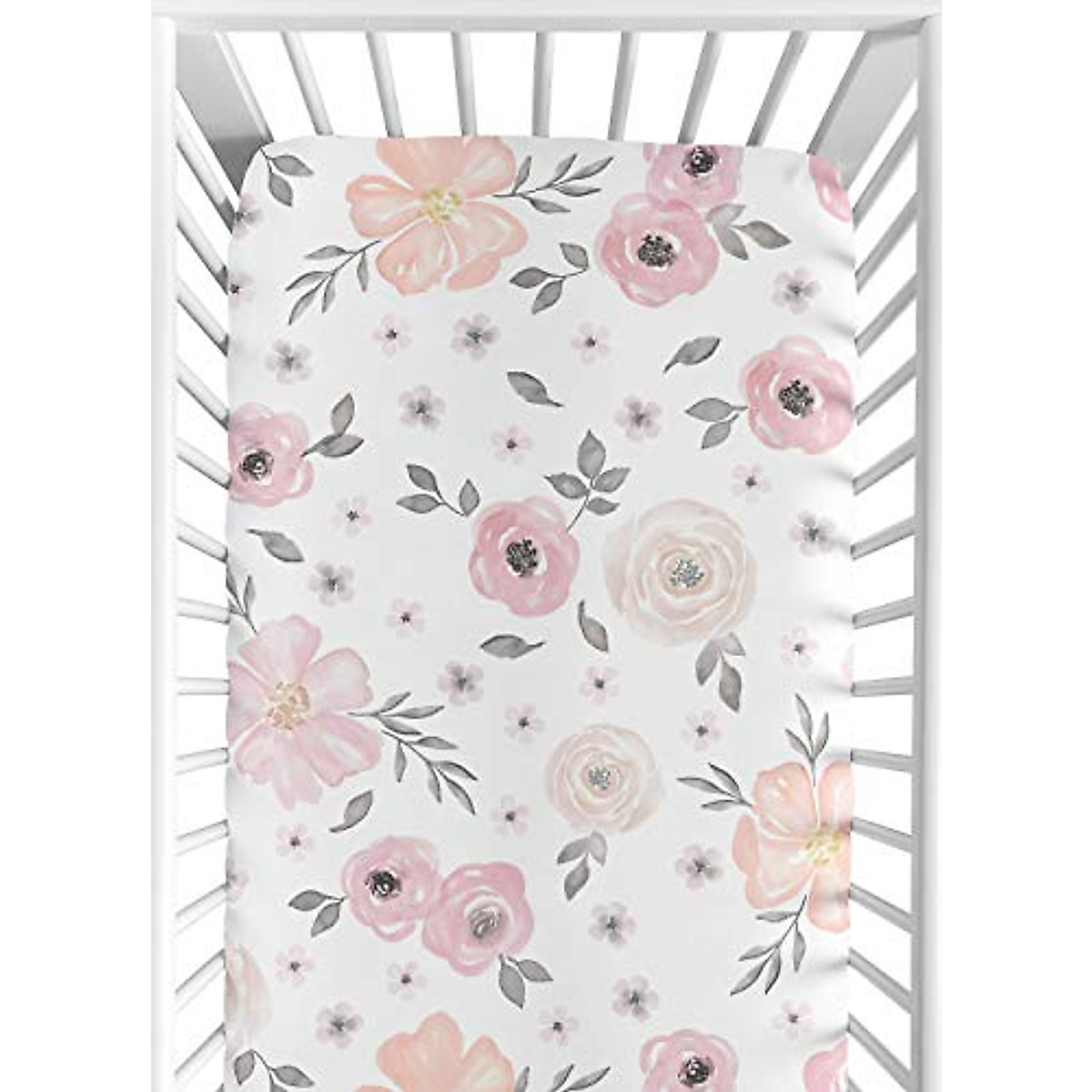 Sweet Jojo Designs Blush Pink Grey Boho Floral Girl Baby Fitted Crib Sheet Set Nursery Soft Infant Newborn Fits Standard Mattress or Toddler Bed - 2pc - Gray White Shabby Chic Rose Watercolor Flower