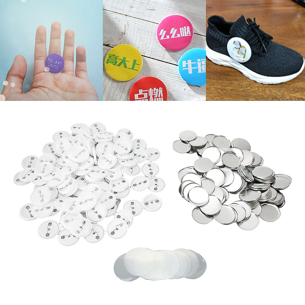 100 Sets Blank Button Making Supplies, DIY Pin Back Button Parts for Button Maker Machine Round Badge Pin Button, Includes Metal Cover, Plastic Button Back Cover, Clear Film(44mm/50mm)(50mm /1.97in)