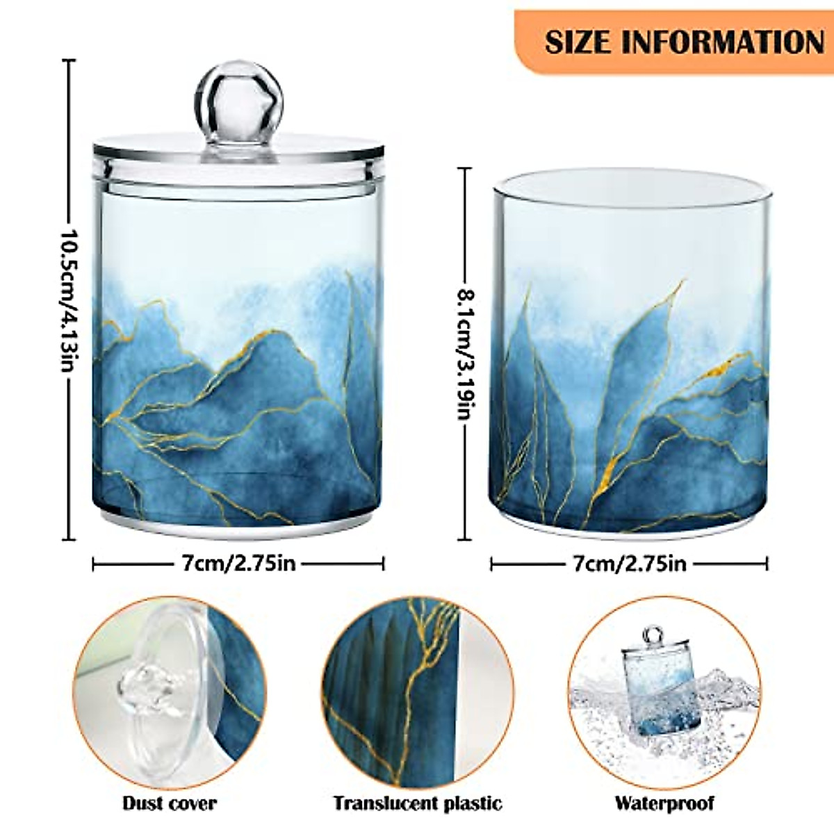 Marble Crack 2 Pack Qtip Holder Apothecary Jars Clear Plastic Bathroom Canisters Set For Cotton Swab, Cotton Pads,Cotton Ball, Floss