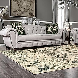 BNM Indoor Large Area Rug with Jute Backing, Great for Entryway, Living Room, Kitchen, Dorm, Bedroom, Hallway, Perfect for Hardwood Floors, Vintage Floral Damask Rug, 8' x 10', Ivory