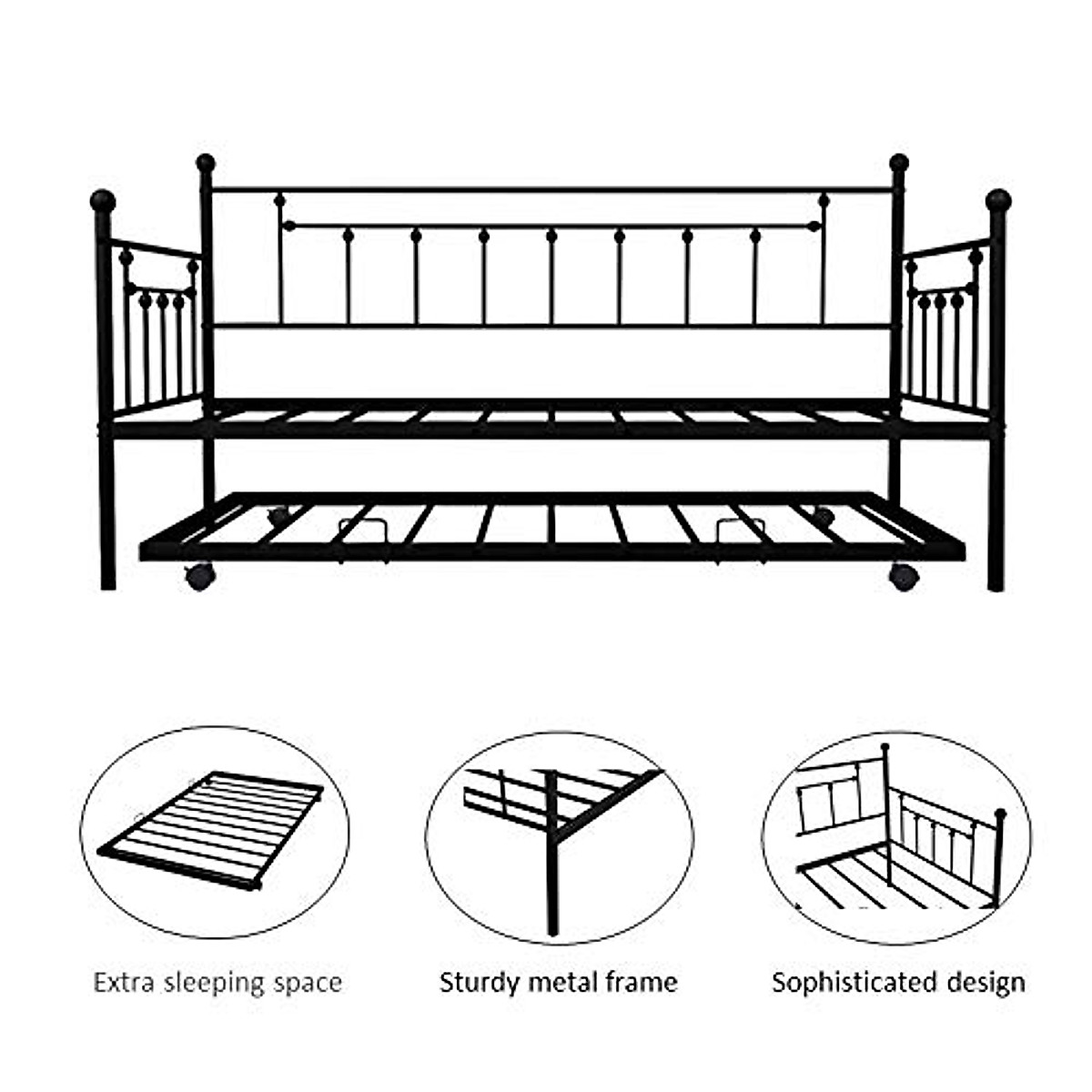 Daybed with Trundle Bed for Kids Teens Adults,Metal Twin Size Daybed with Pullout Trundle for Window Living Room, No Box Spring Needed (Black)
