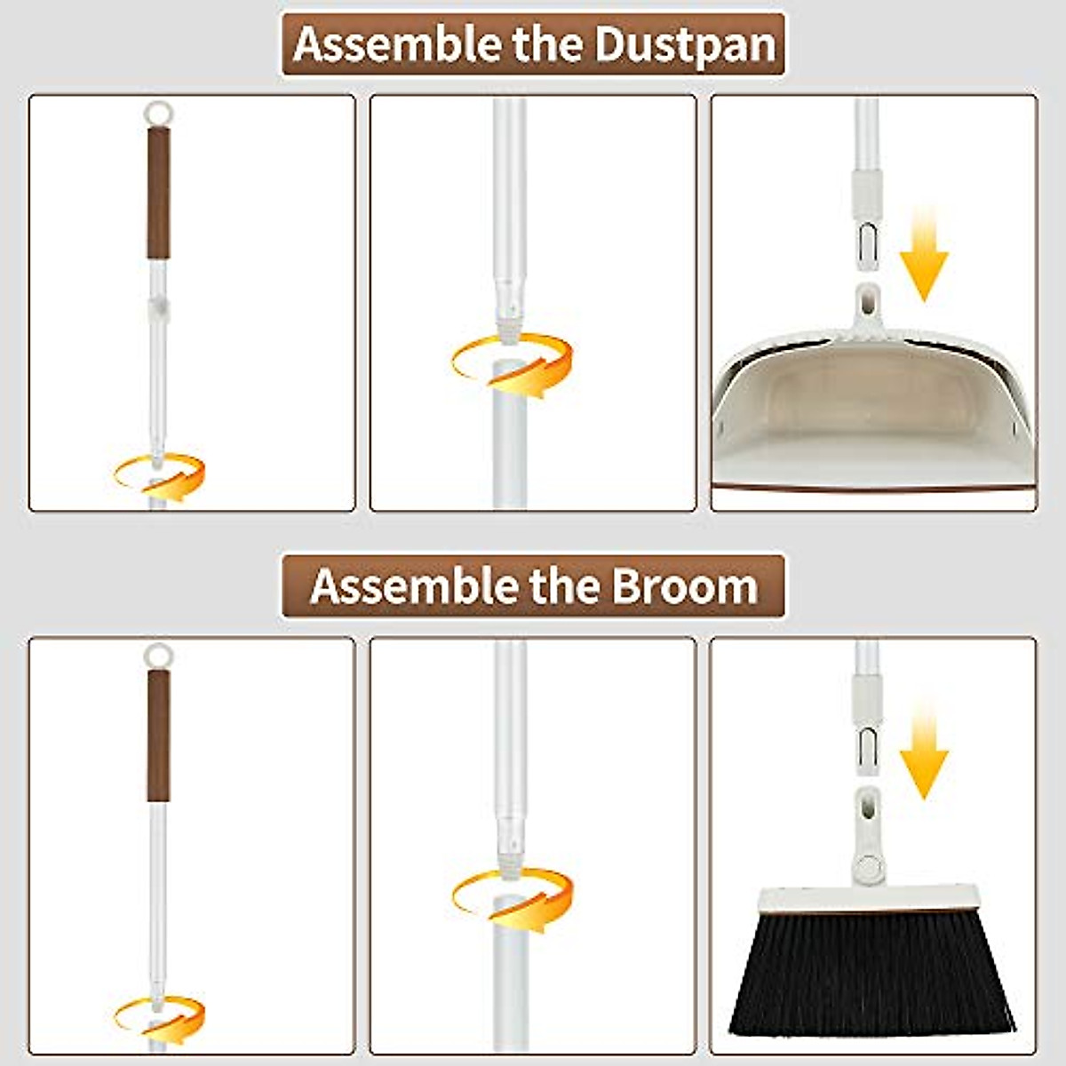 Jekayla Broom and Dustpan Set for Home with 54" Long Handle, Upright and Lightweight Dust pan and Brush Combo for Kitchen Room Office Lobby Floor Cleaning, Brown and Grey