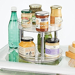 mDesign 2 Tier Lazy Susan Turntable Food Storage Container for Cabinets, Pantry, Fridge, Countertops - Raised Edge, Spinning Organizer for Spices, Condiments - 9" Round - Clear/Chrome