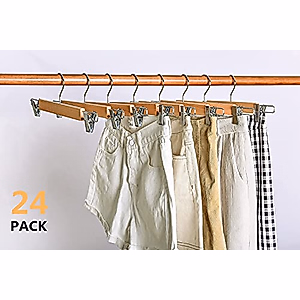 Amber Home 14.17" Solid Natural Wooden Pant Skirt Hangers 24 Pack, Bottom Hangers for Slacks Trousers Jeans with 2-Adjustable Anti-Rust Clips (Natural, 24 Pack)