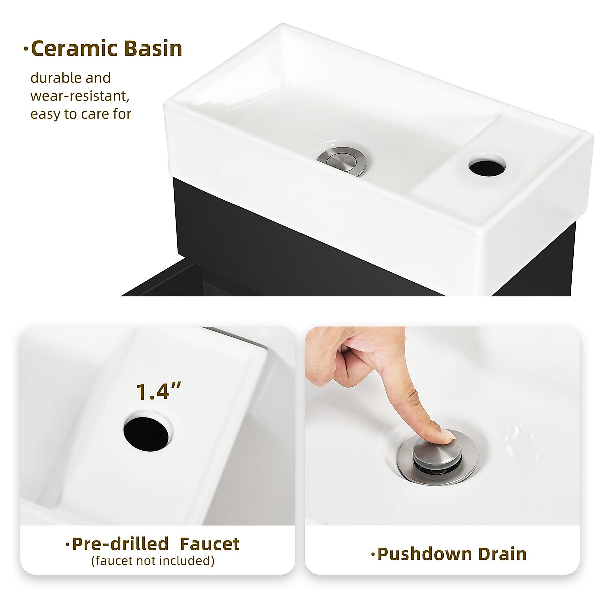 DWVO 16 Inch Bathroom Vanity Sink Combo for Small Space, Freestanding Bathroom Cabinet with Undermount Ceramic Sink, Modern Bathroom Storage Vanity Soft-Close Doors, Black